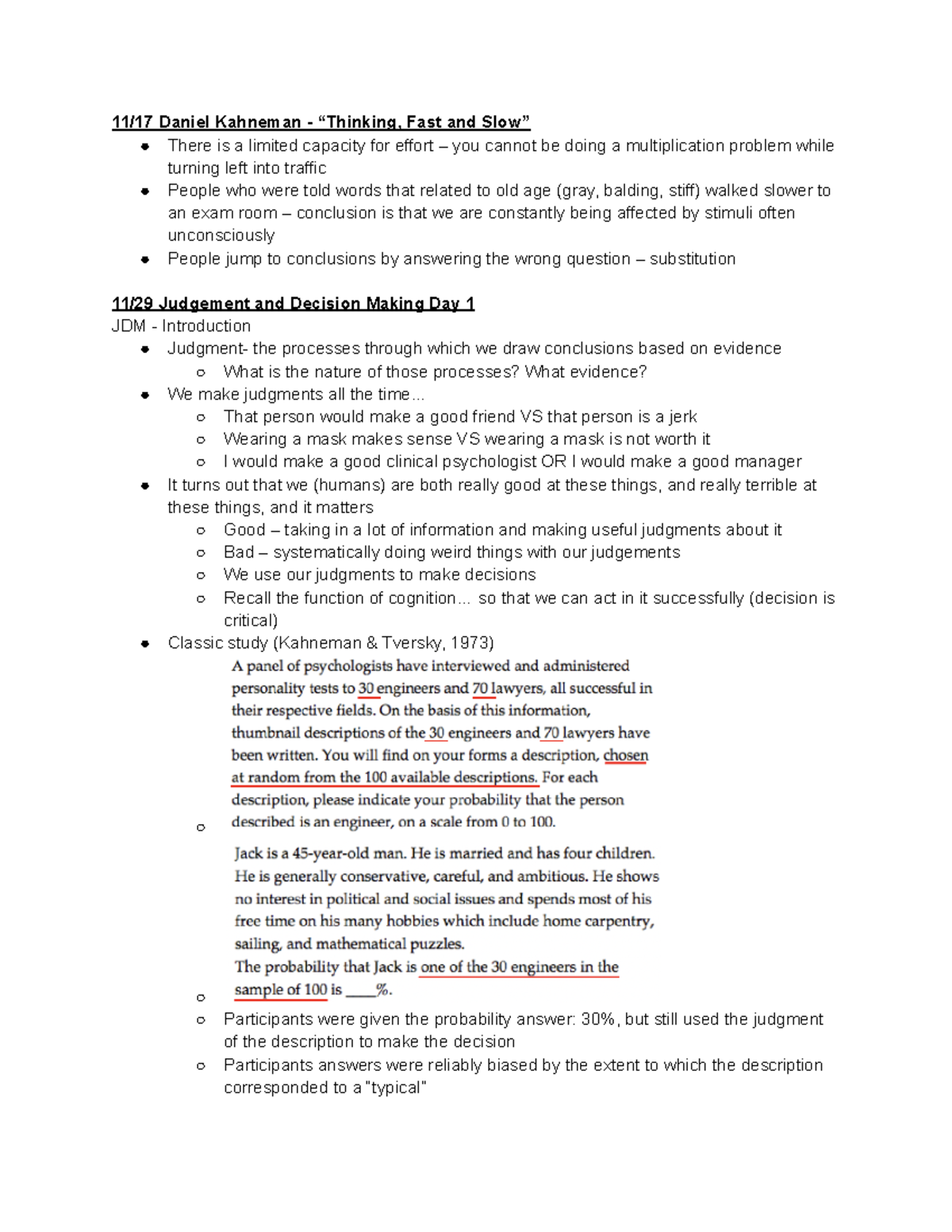 Test 5 Cog Psych Lecture Notes - 11/17 Daniel Kahneman - “Thinking ...