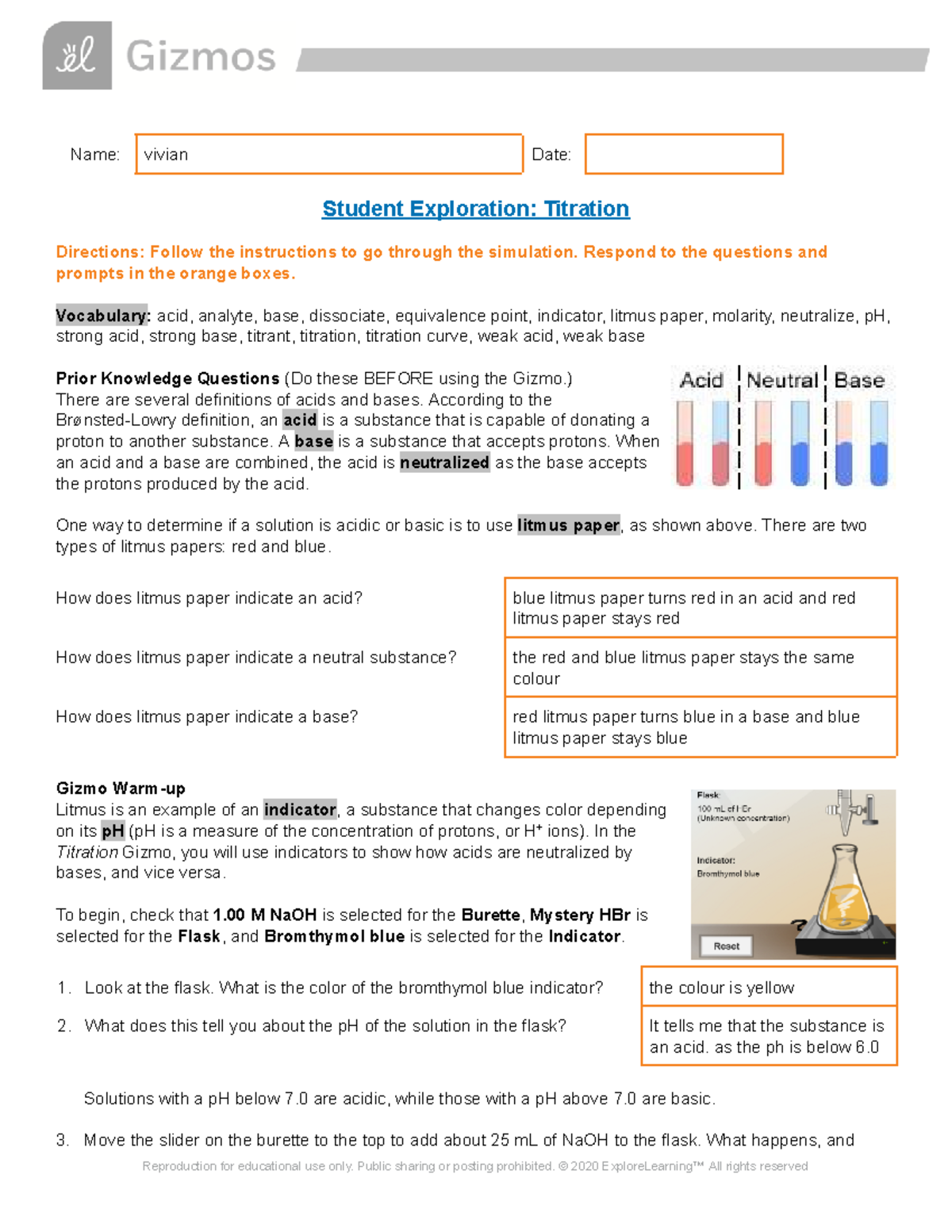 Titration Gizmo - Name: vivian Date: Student Exploration: Titration ...