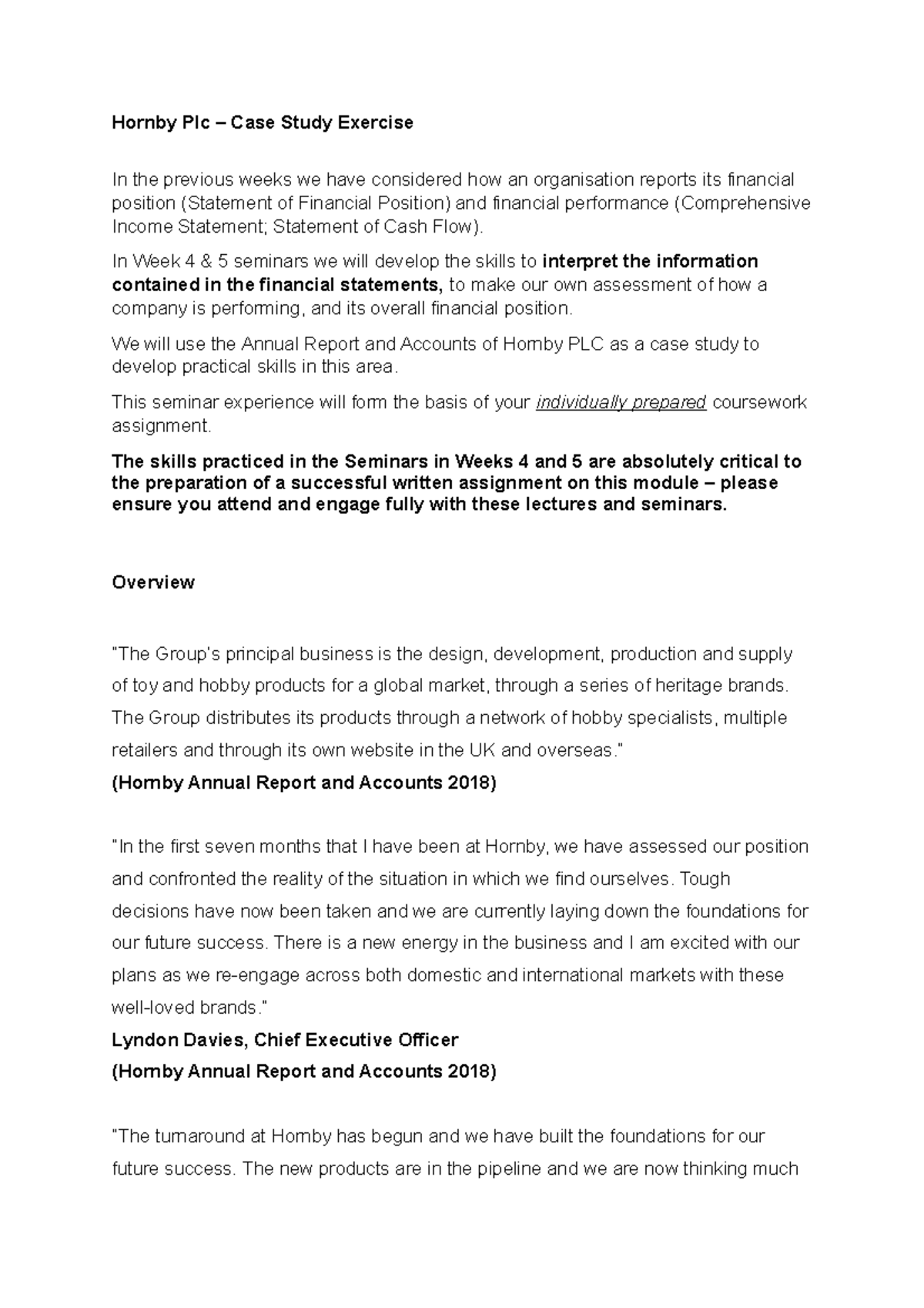 Case Study Excercise Hornby Plc - Hornby Plc – Case Study Exercise In ...