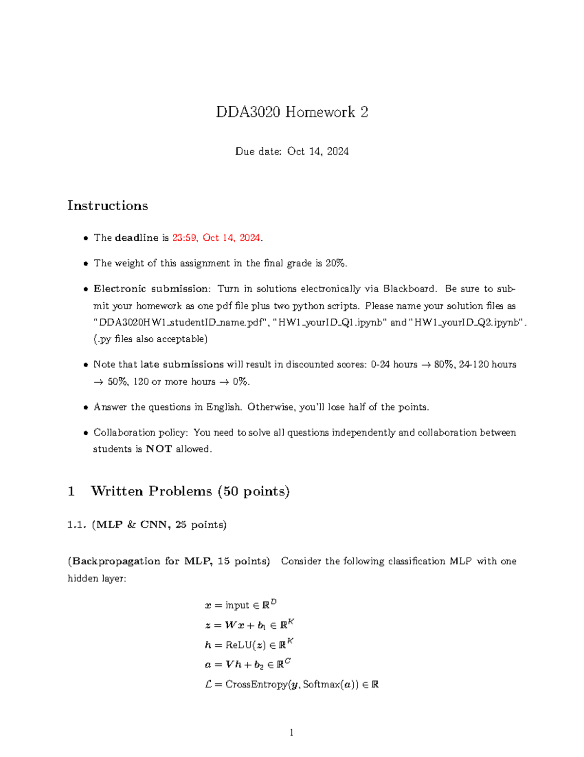 DDA3020 HW2 Soln - solution2 - DDA3020 Homework 2 Due date: Oct 14, 2024 Instructions • The ...