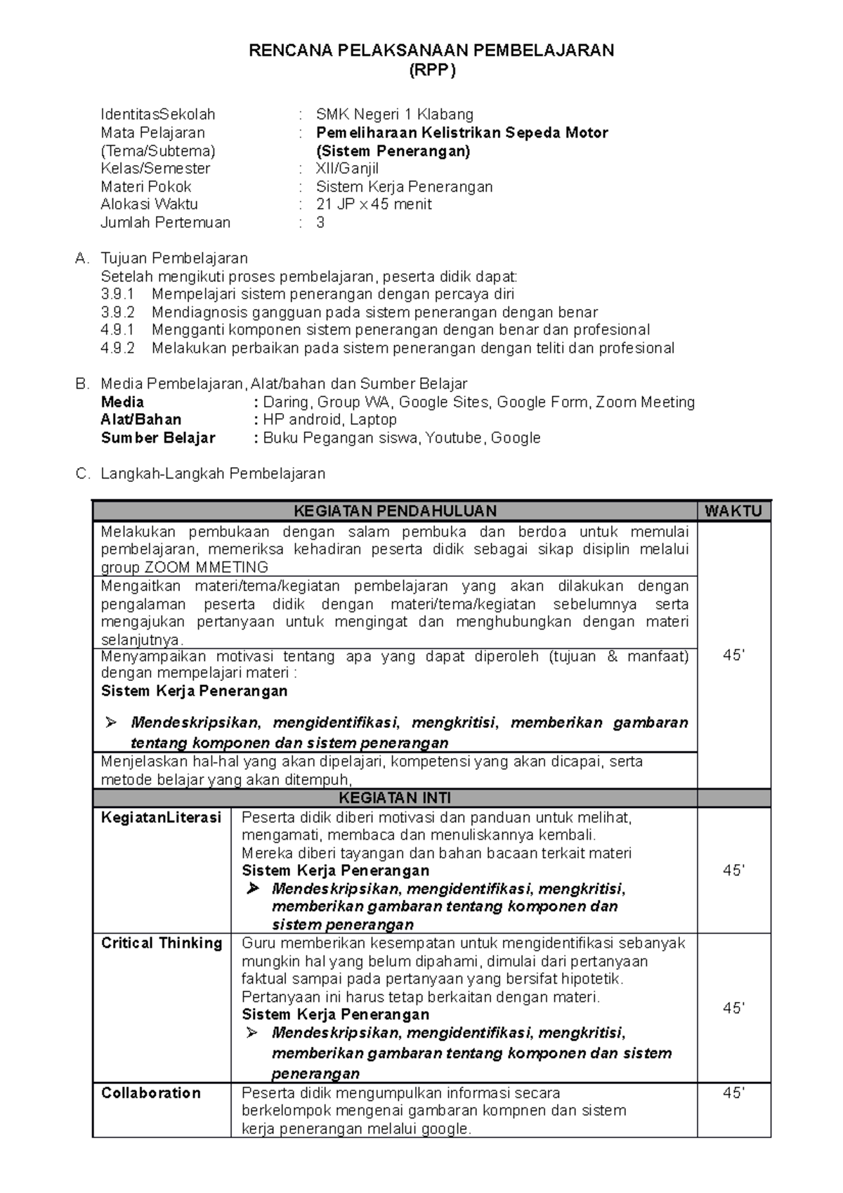 RPP PKSM XII KD 1 - RPP - RENCANA PELAKSANAAN PEMBELAJARAN (RPP ...