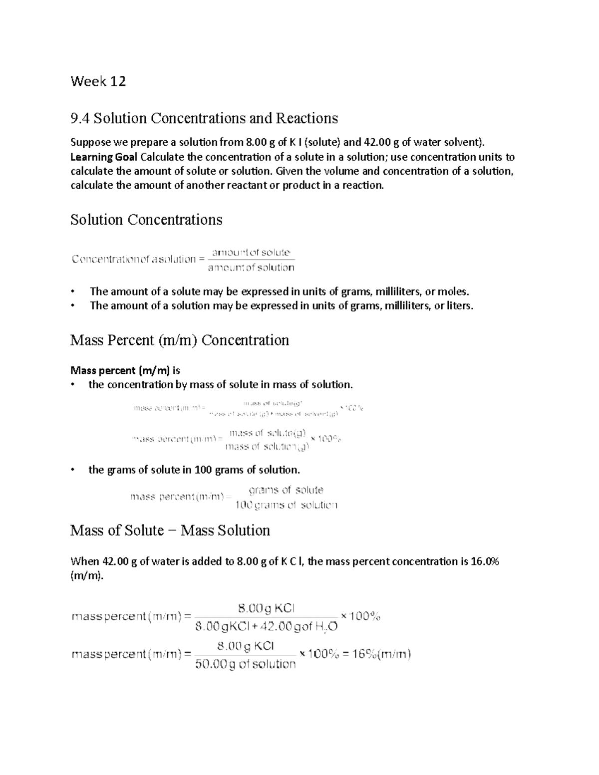 Week 12 Chemistry notes - Week 12 9 Solution Concentrations and ...