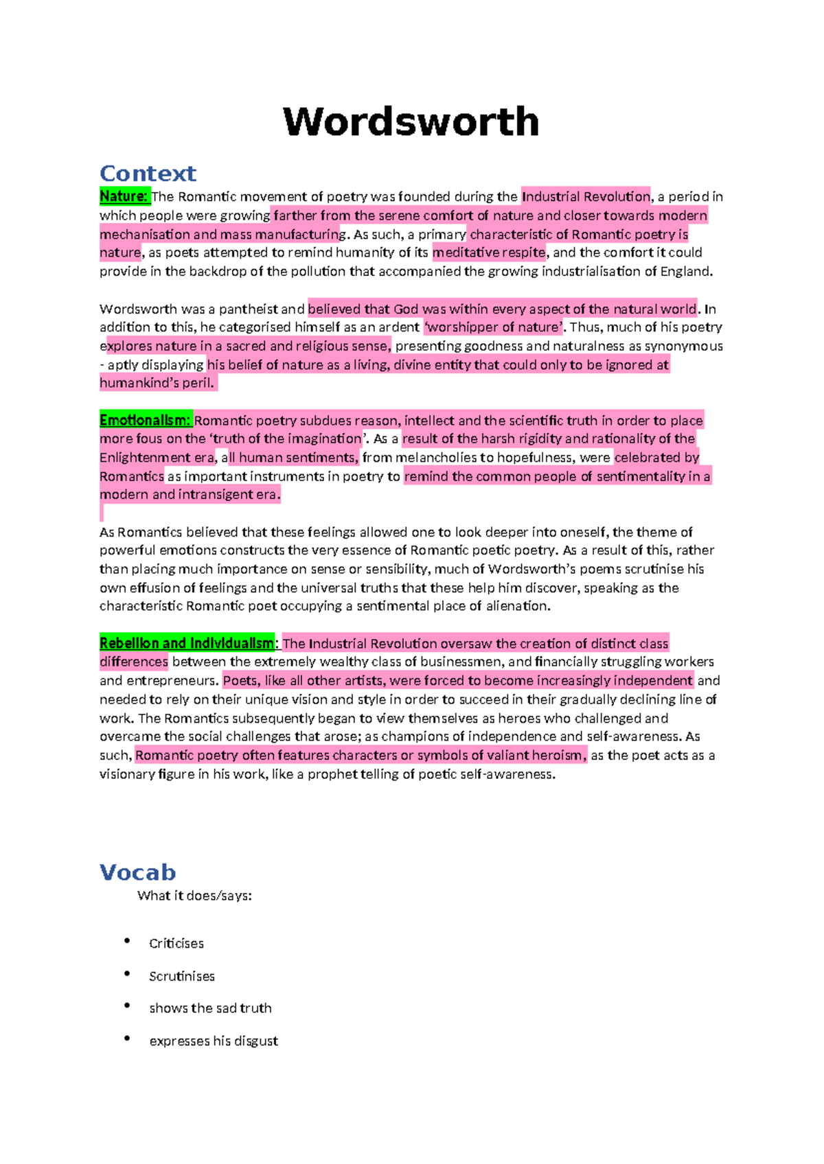 comprehensive english ww notes - Wordsworth Context Nature: The ...
