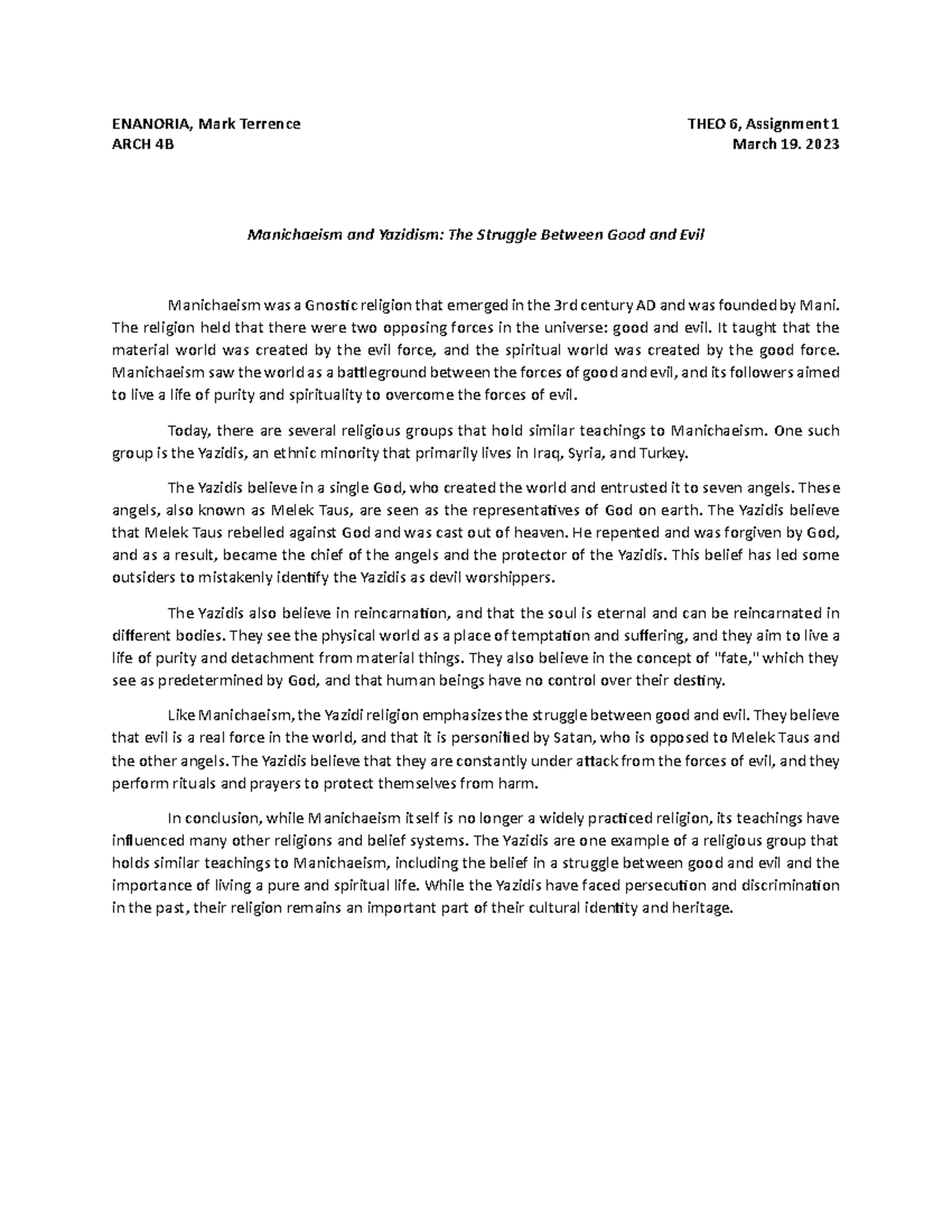 THEO 6, Assignment 1 - Theology - ENANORIA, Mark Terrence THEO 6, Assignment 1 ARCH 4B March 19 ...