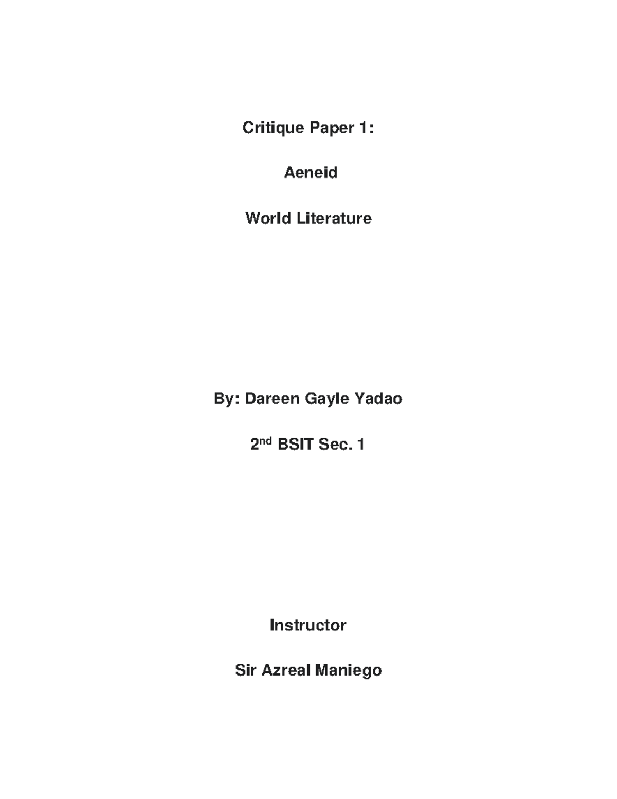 Yadao Critique Paper 1 - Critique Paper 1: Aeneid World Literature By ...