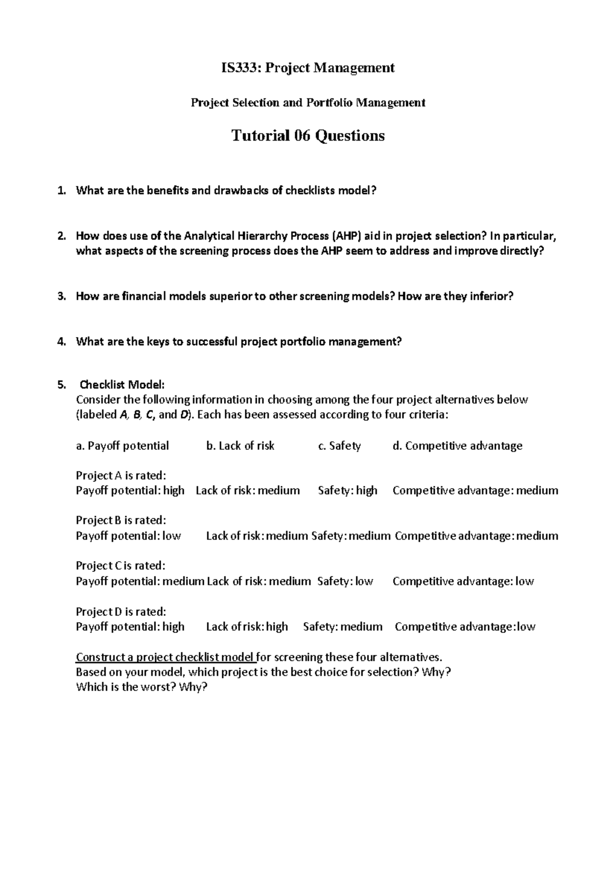 Tutorial 05 Screening Models - IS333: Project Management Project ...