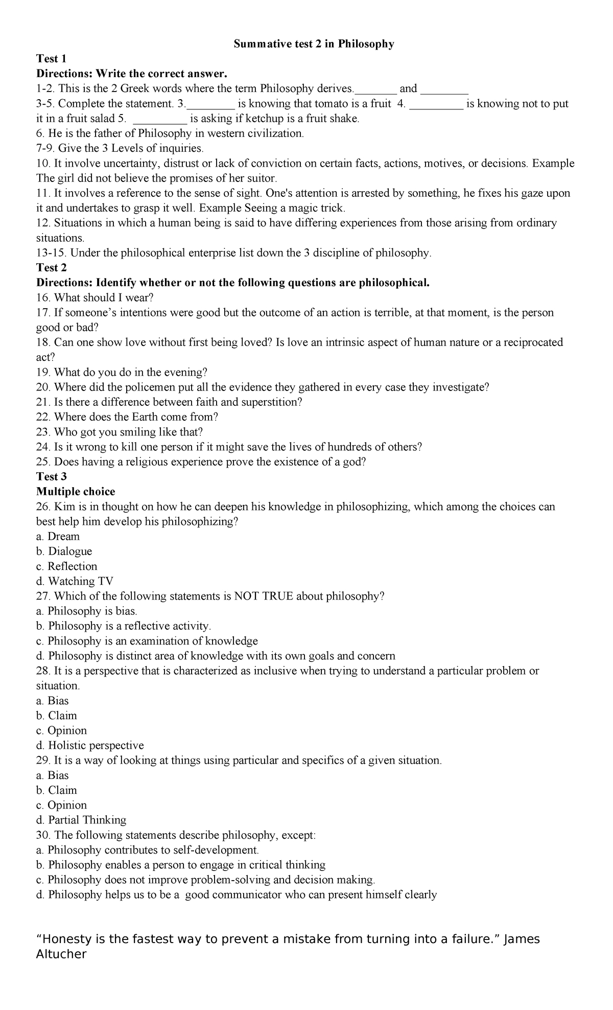 Summative test 1 in Philosophy - Summative test 2 in Philosophy Test 1 ...