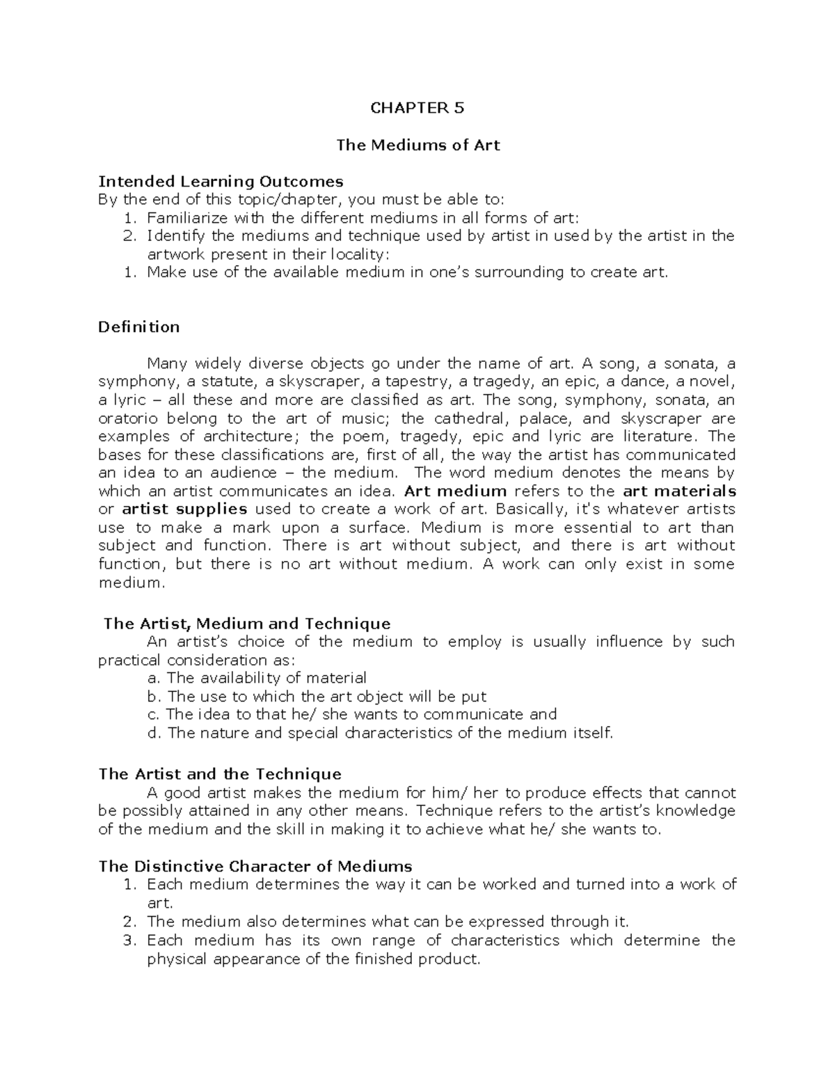 Chapter 5 - Art App - CHAPTER 5 The Mediums of Art Intended Learning ...
