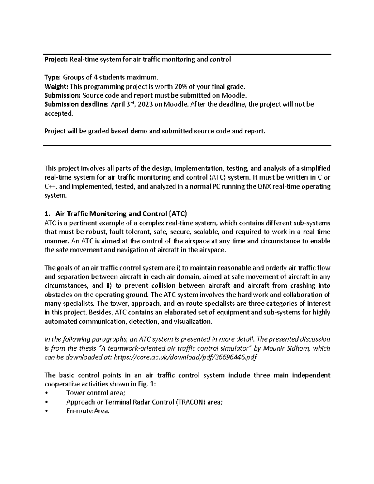 Coen320 project description - Project: Real-time system for air traffic monitoring and control ...