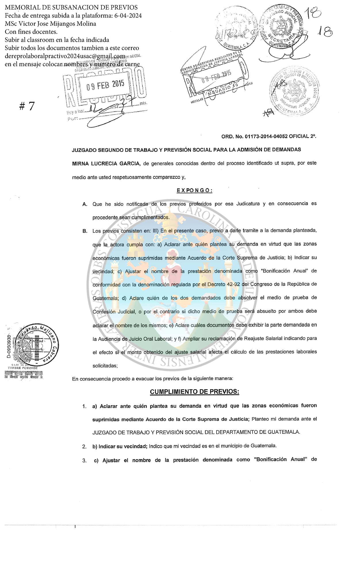 4 Memorial Subsana Previos - Derecho laboral - MEMORIAL DE SUBSANACION ...