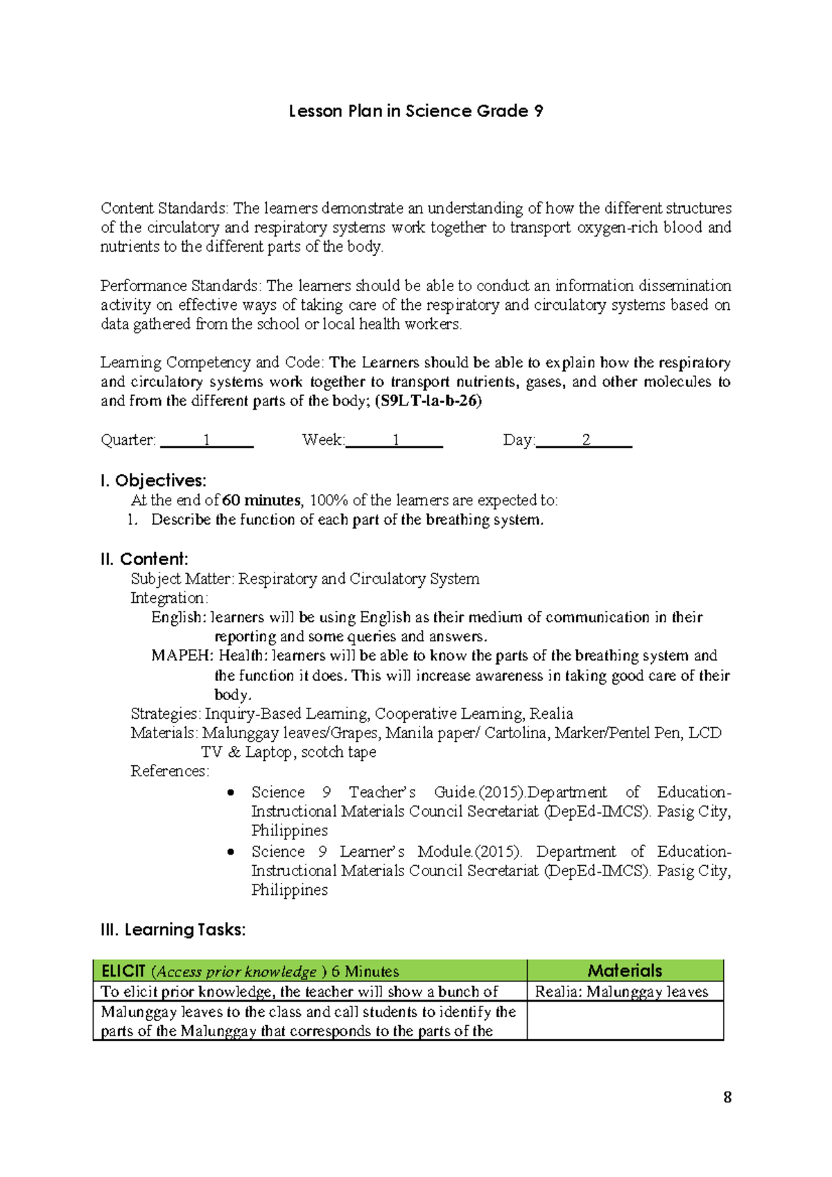 Science 9 DLP Q1 W1 D2 - Lesson Plan in Science Grade 9 Hasmine C ...