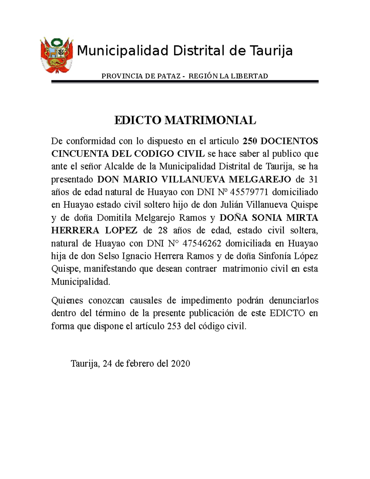 Edicto Matrimonial - Nota: 7,5 D - Municipalidad Distrital de Taurija ...
