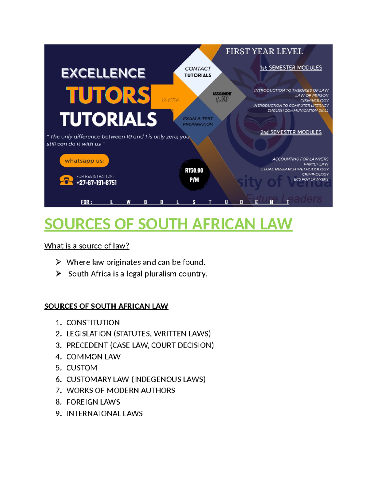 Sources OF SA LAW - Summary Introduction to theories of law - SOURCES ...