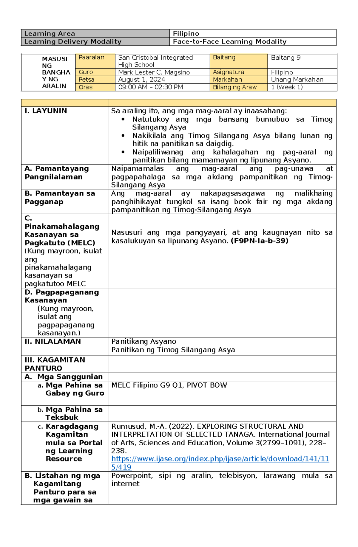 DLP-FIL 9 (DAY 1 WEEK 1) - LESSON GUIDE - Learning Area Filipino Learning Delivery Modality ...