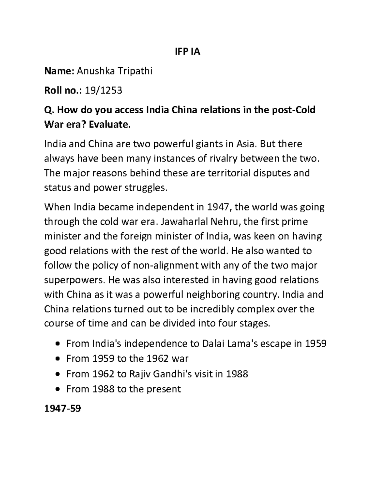 IFP Test-1 - India us relations after the cold war - IFP IA Name ...