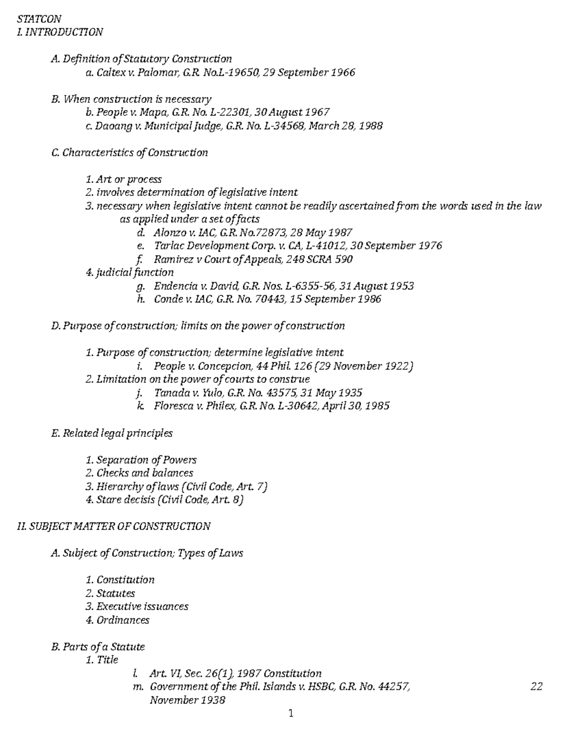 Statcon-Outline - lecture law - STATCON I. INTRODUCTION A. Definition ...