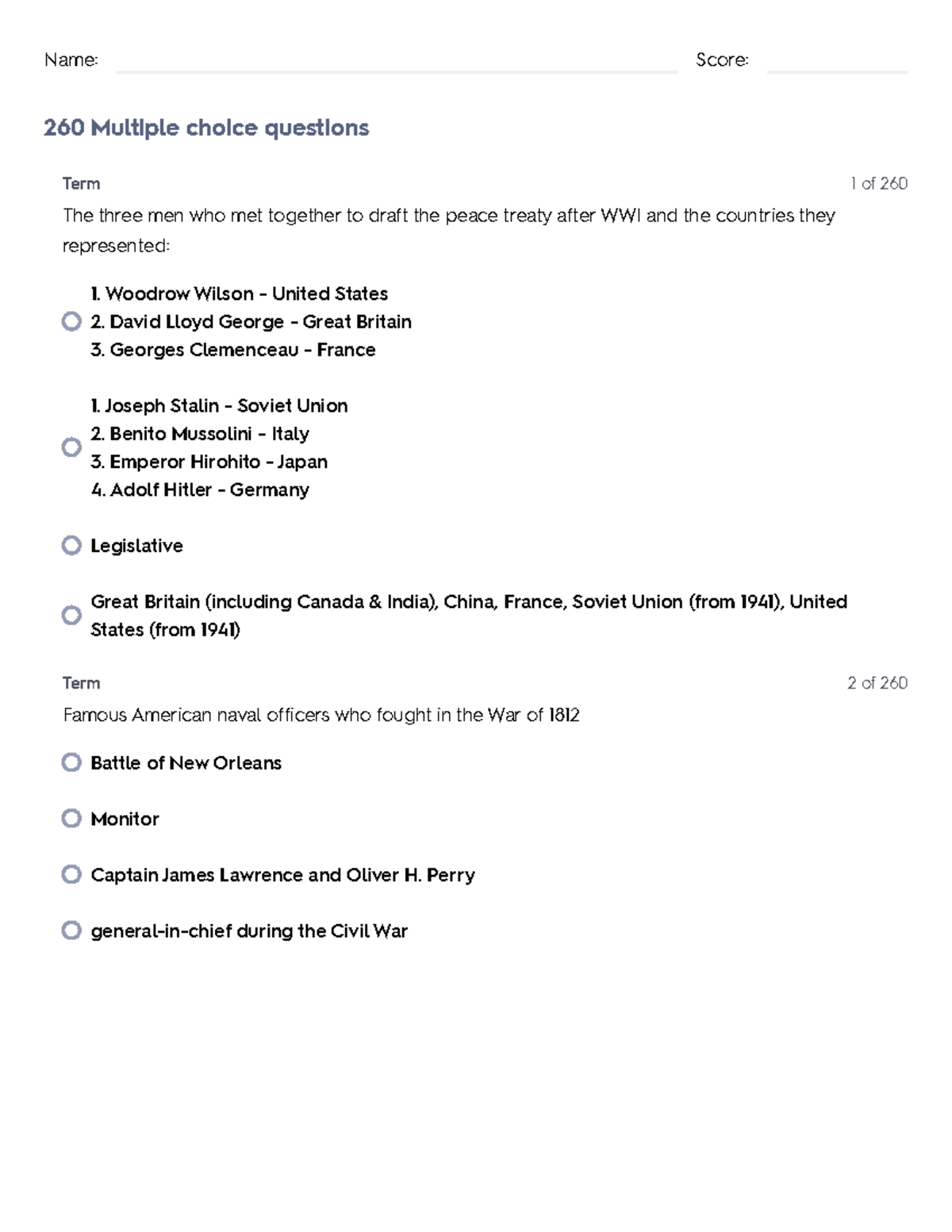 200 questions about american history - Name: Score: 260 Multiple choice ...