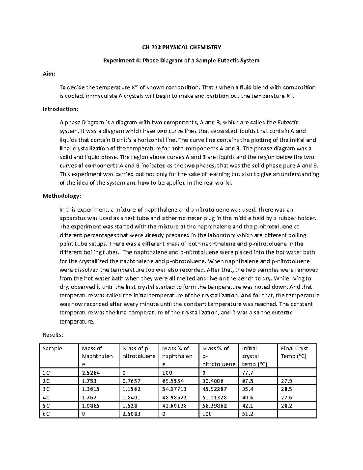 Experiment 4 - Phase Diagram - CH 203 PHYSICAL CHEMISTRY Experiment 4 ...