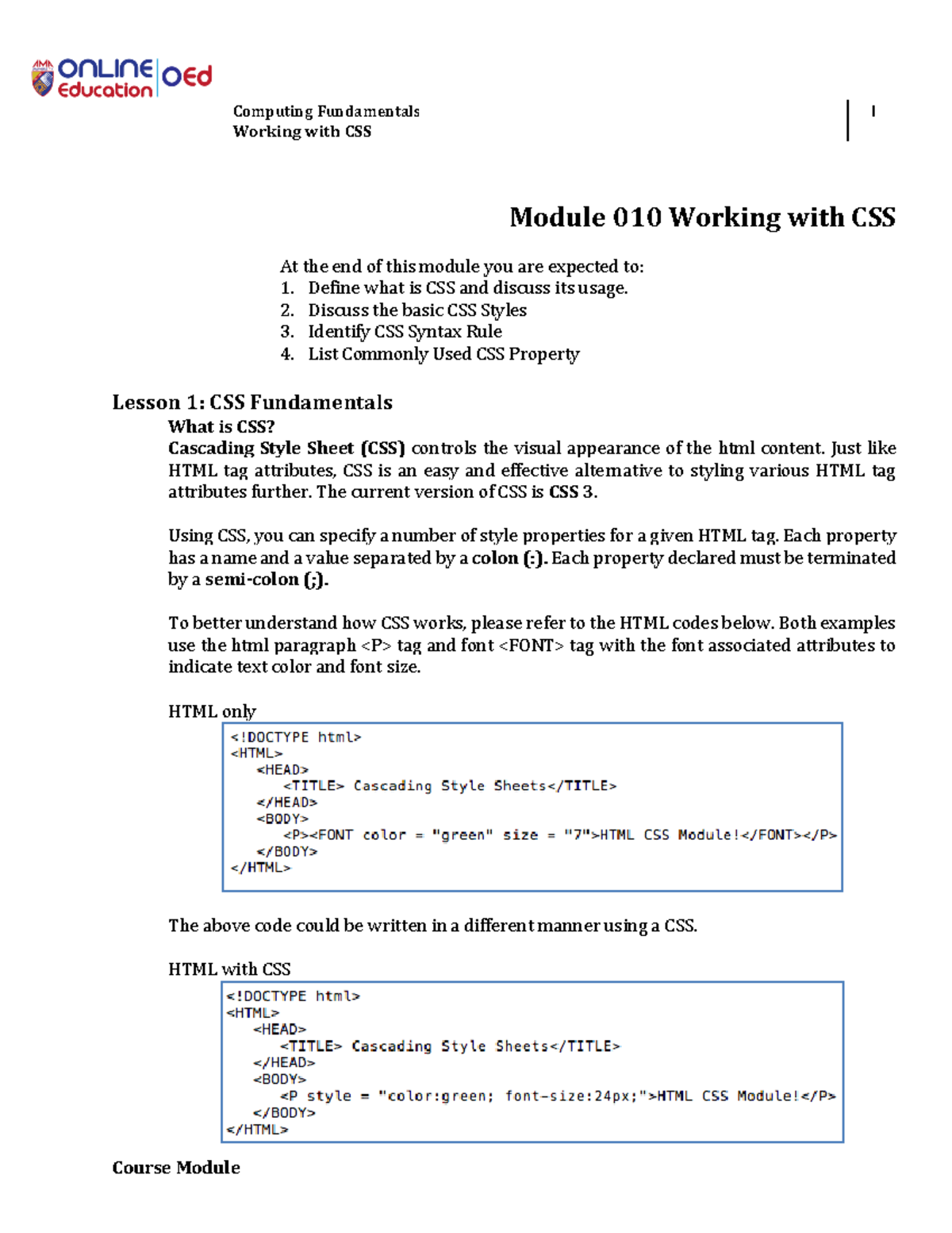 Week 12 - Working with CSS - Working with CSS Course Module Module 010 ...