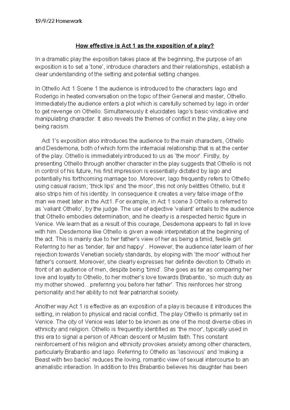 How effective is Act 1 as an exposition to Othello - 19/9/22 Homework ...