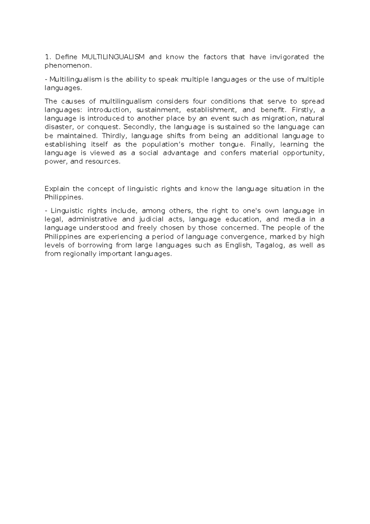 CH1 - Notes - Define MULTILINGUALISM and know the factors that have ...