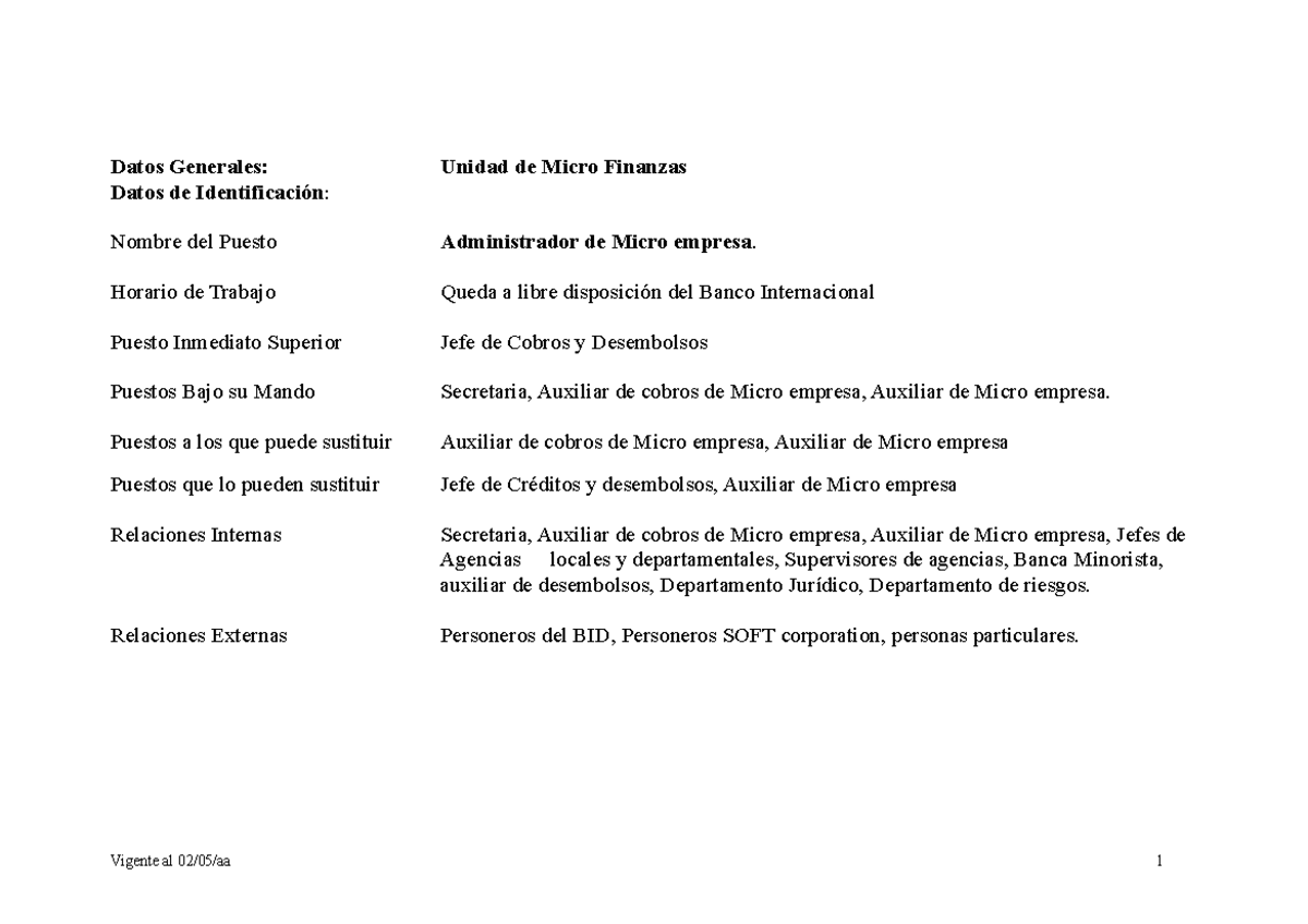 EJEMPLO Manual DE Puesto Administrador DE Microempresa - Datos ...