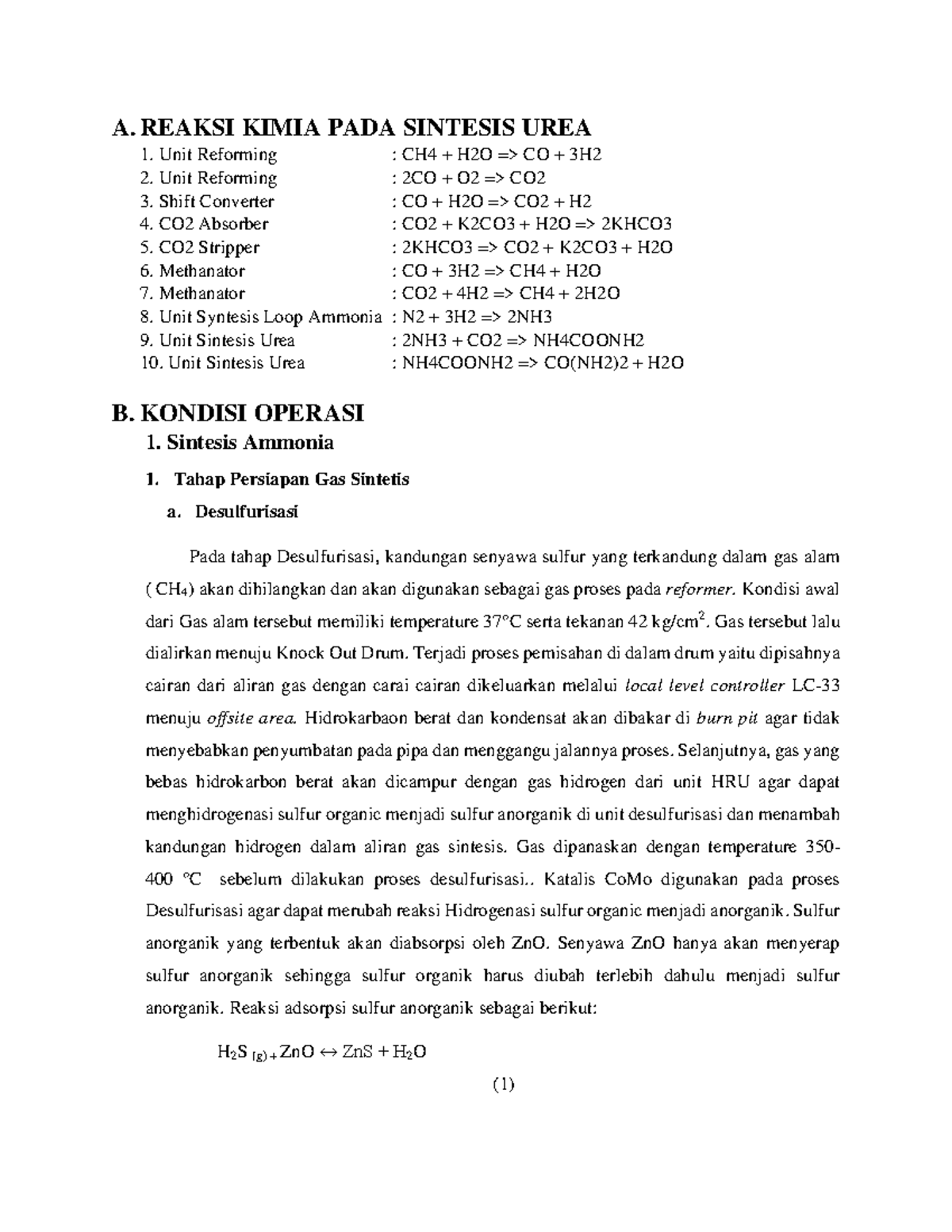 Kondisi Proses Kimia PADA Pabrik UREA - A. REAKSI KIMIA PADA SINTESIS ...