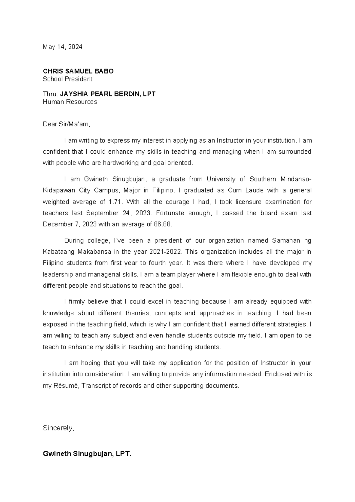 Letter (1) - Nnnnnnnn - May 14, 2024 CHRIS SAMUEL BABO School President ...