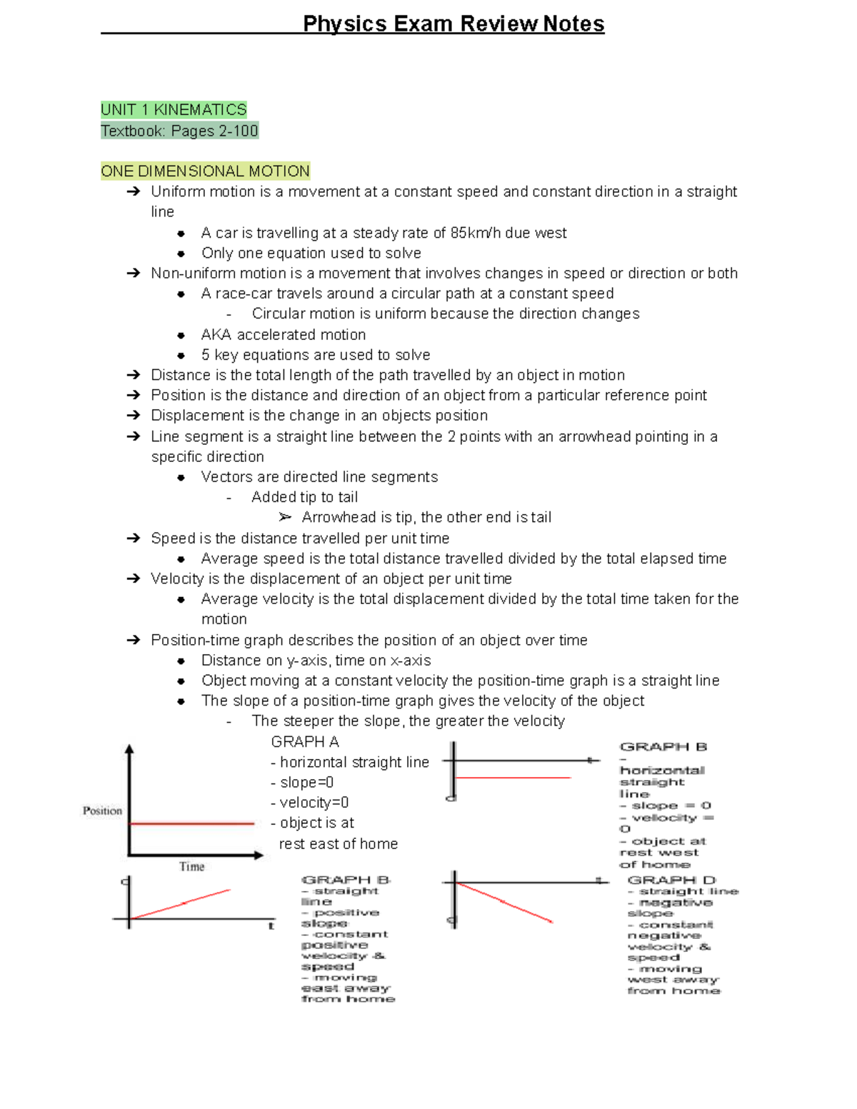Physics Exam Review Notes - UNIT 1 KINEMATICS Textbook: Pages 2- ONE ...