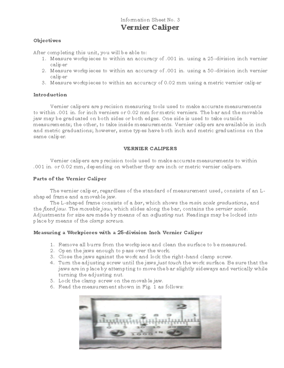 TVET 1 (Info. sheet 3) - Tvet notes - Information Sheet No. 3 Vernier ...