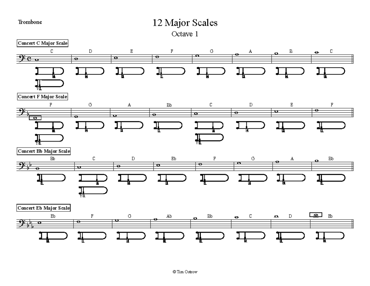 12 major scales s1o1 - trombone new - C T Concert C Major Scale D E F G ...