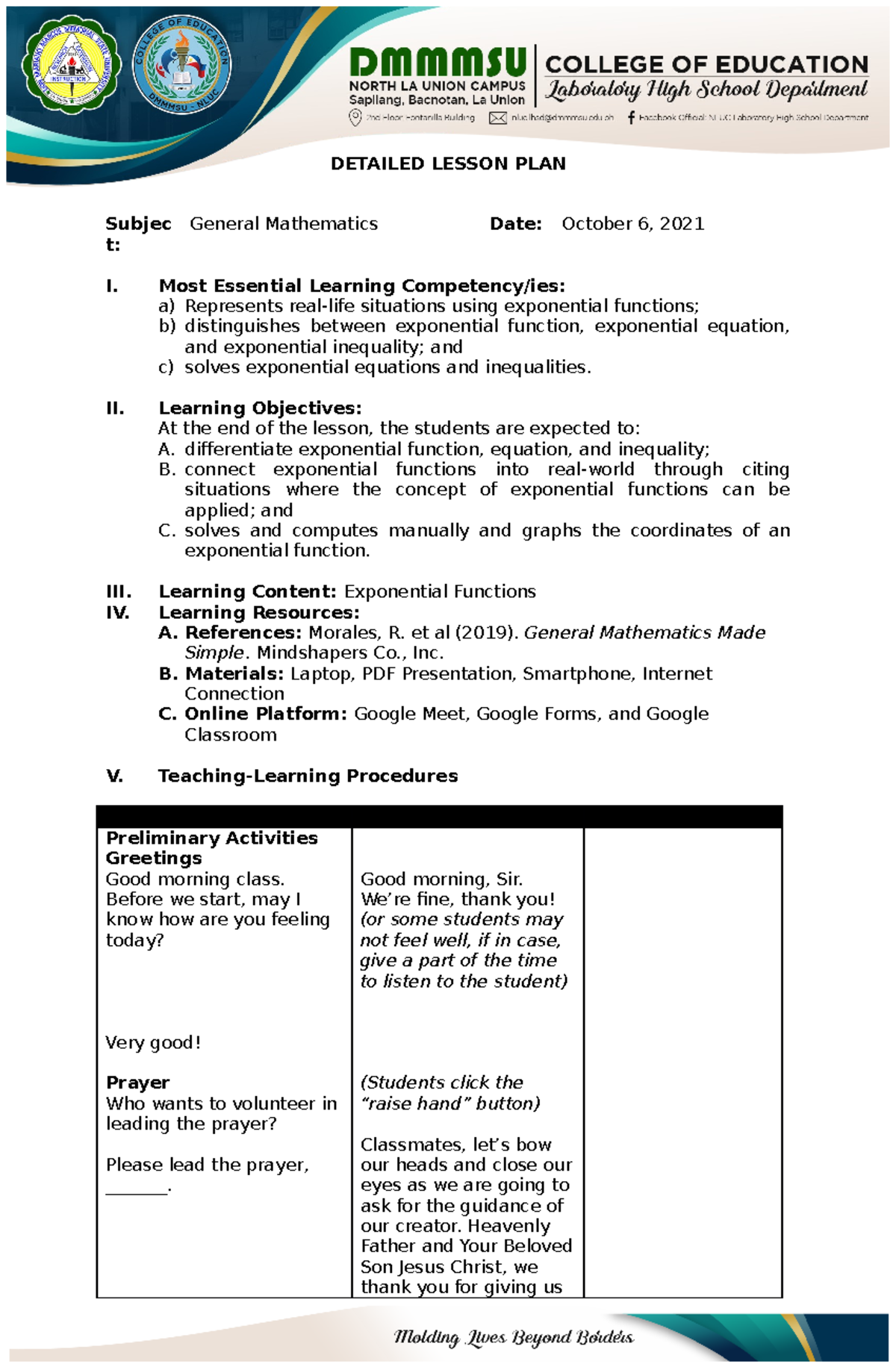 Exponential Functions LP - Part 1 - DETAILED LESSON PLAN Subjec t ...