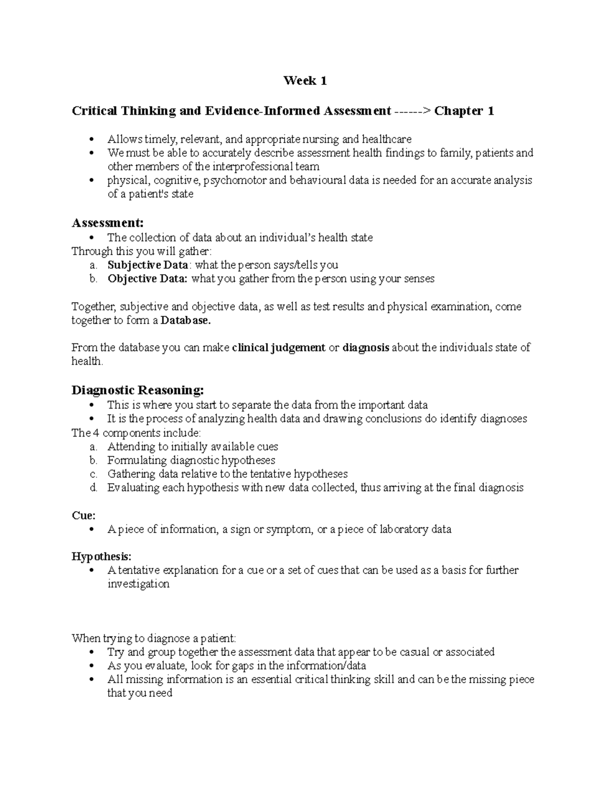 Week 1; Health Assessment - Week 1 Critical Thinking and Evidence ...