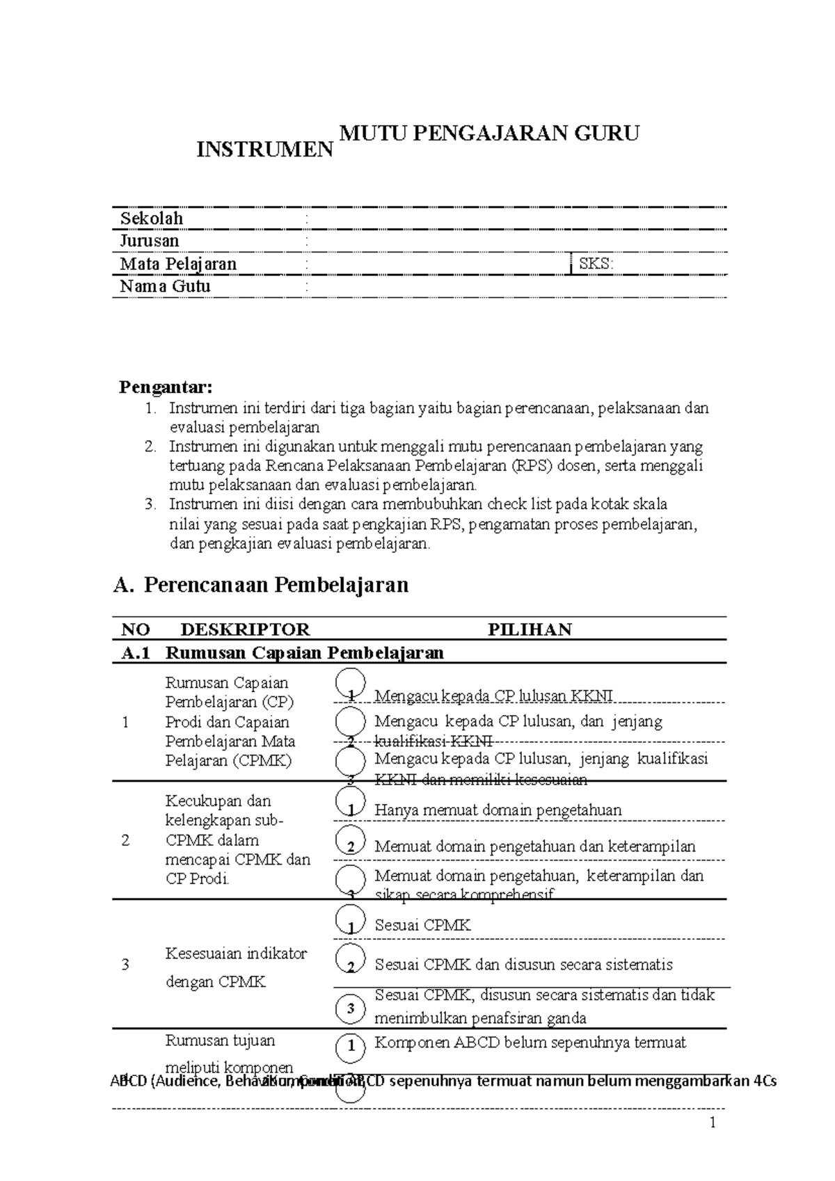 Instumen Pengukuran MUTU Pengajaran GURU 16 September 2023 - 1 ABCD ...