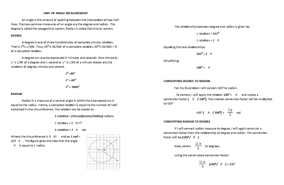 UNIT OF Angle Measurement - UNIT OF ANGLE MEASUREMENT An angle is the ...