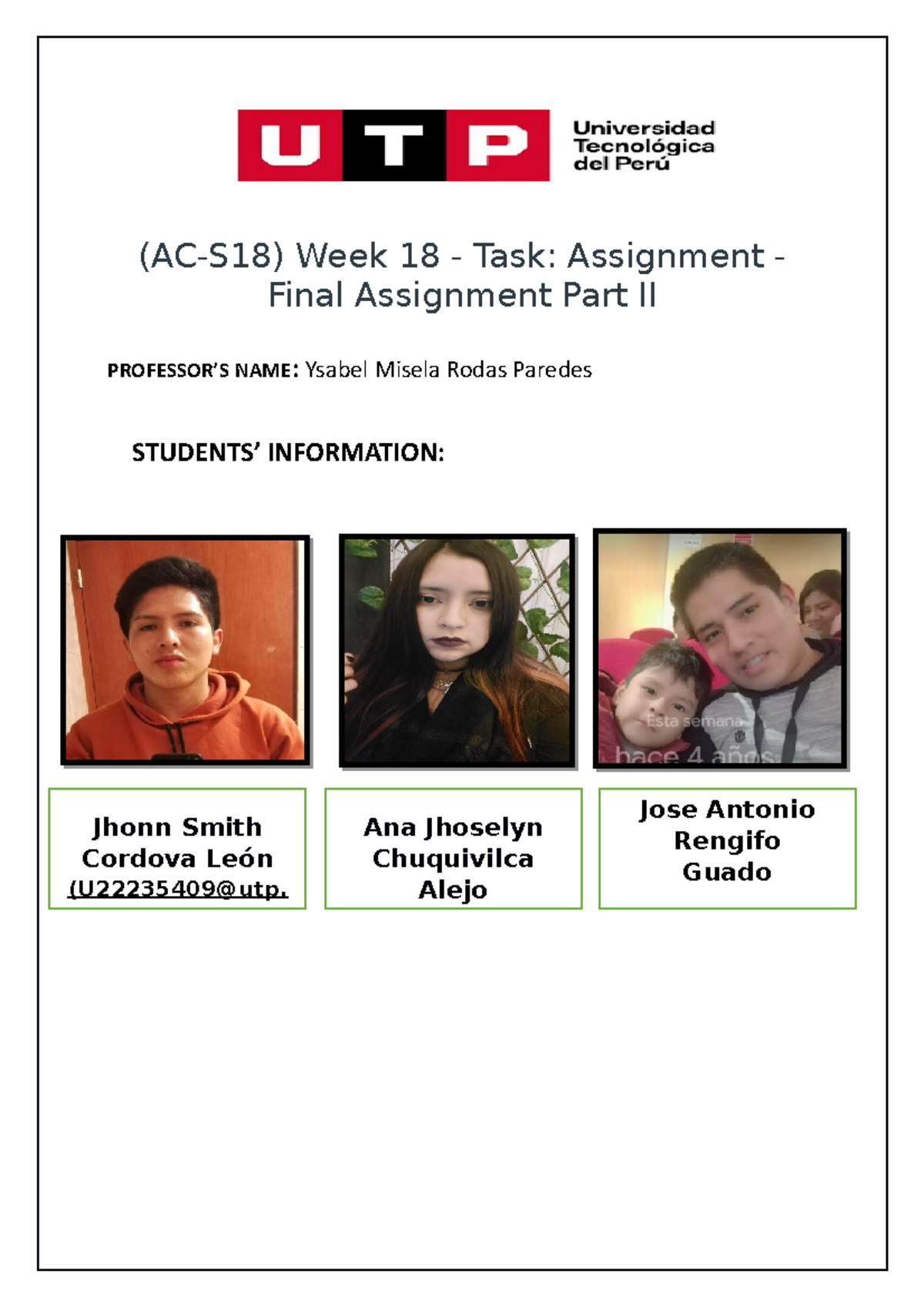Examen Final - (AC-S18) Week 18 - Task: Assignment - Final Assignment Part II PROFESSOR’S NAME ...