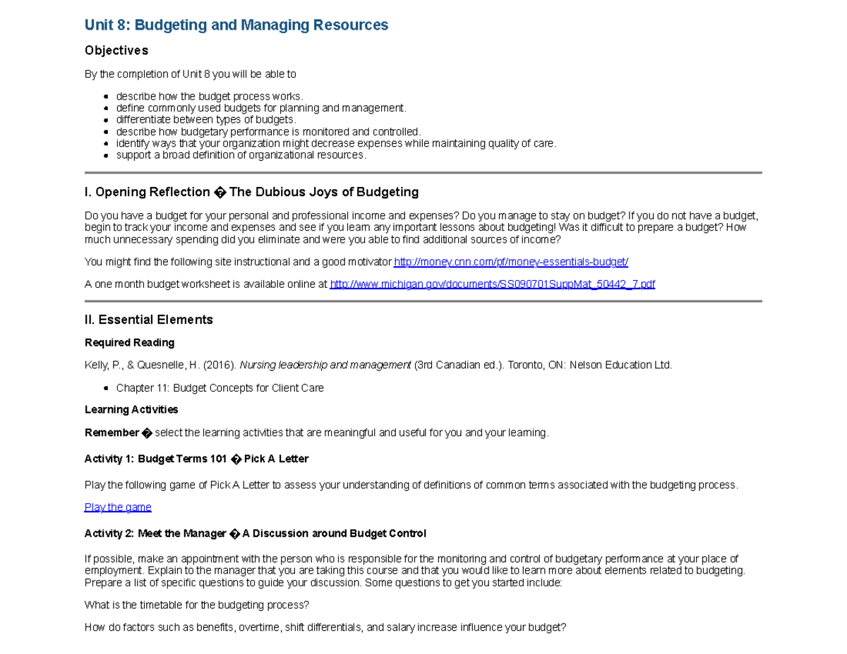 Unit 8 - Budgeting and Managing Resources - Unit 8: Budgeting and ...