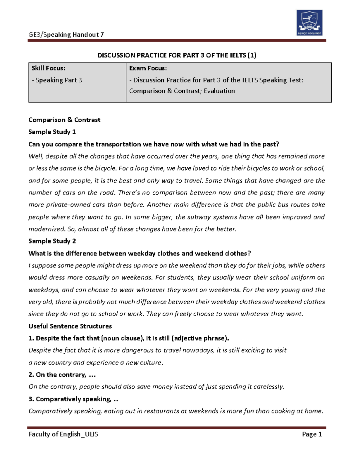 GE3 Speaking handout 7 Sts - DISCUSSION PRACTICE FOR PART 3 OF THE IELTS (1) Skill Focus ...