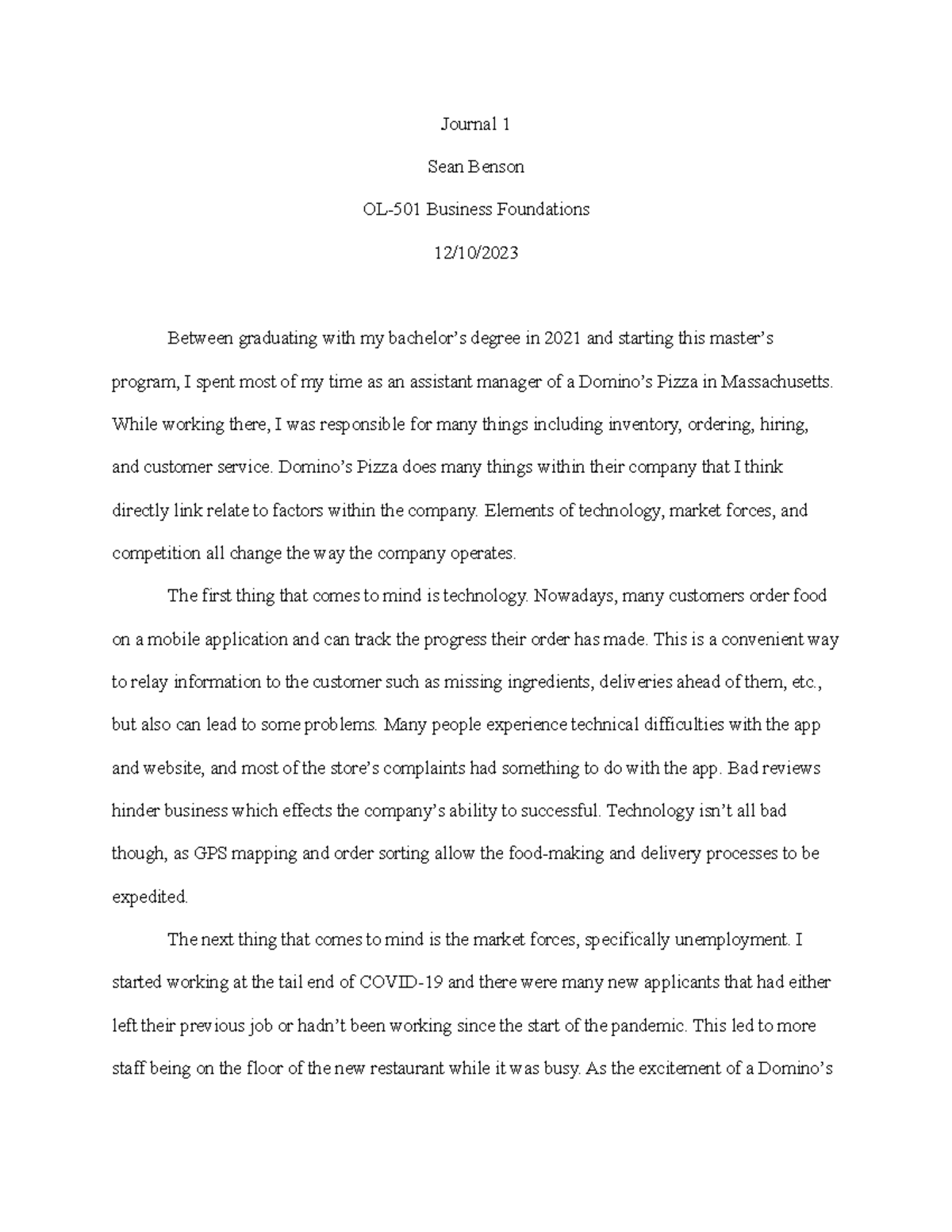 Journal 1 - Journal 1 Sean Benson OL-501 Business Foundations 12/10 ...