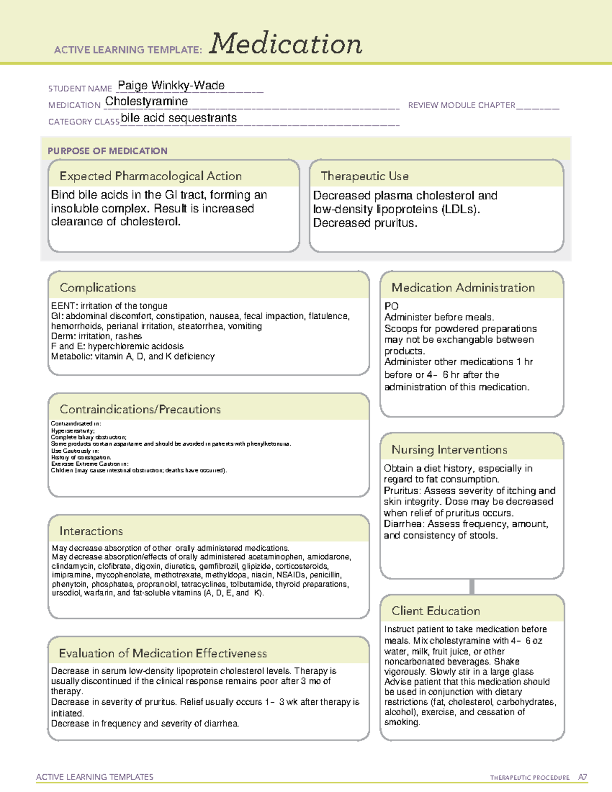 Cholestyramine Drug Card - ACTIVE LEARNING TEMPLATES THERAPEUTIC ...