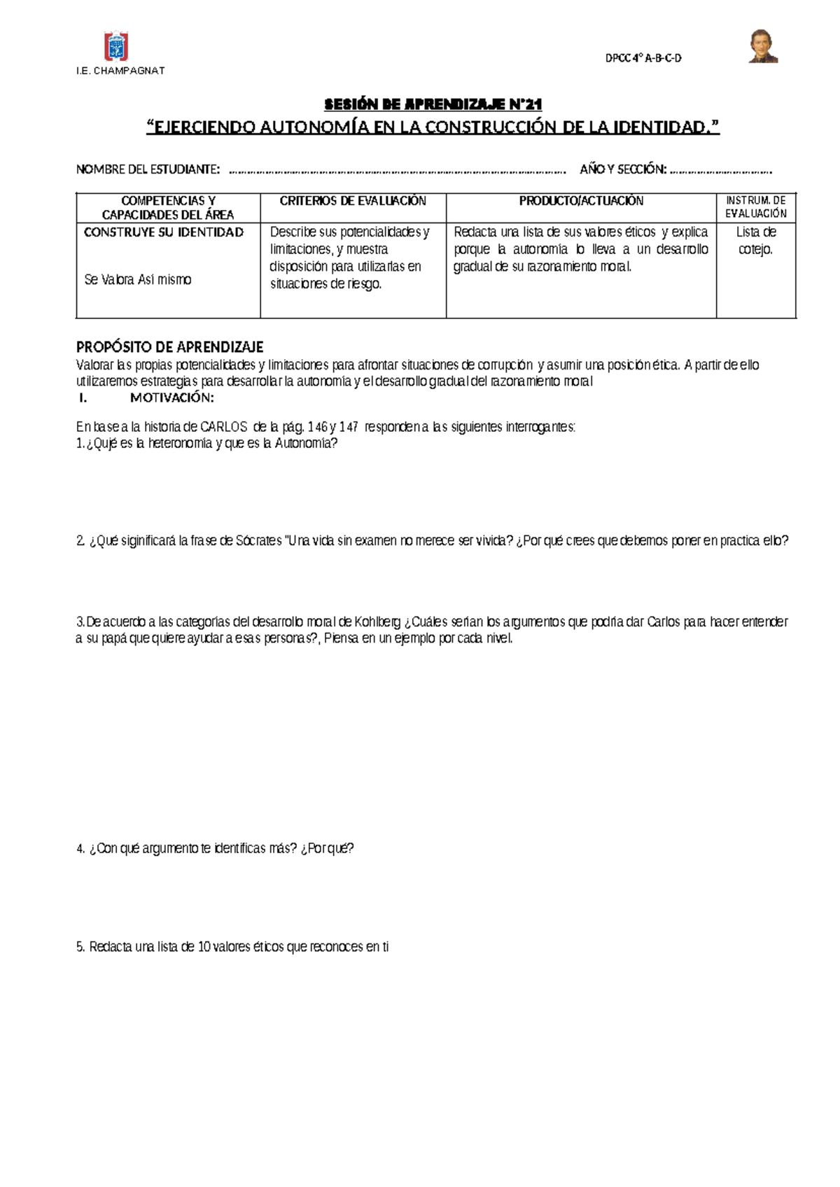 Sesión 21 DPCC 4to. 2024 - DPCC 4° A-B-C-D I. CHAMPAGNAT SESIÓN DE APRENDIZAJE N° “EJERCIENDO ...