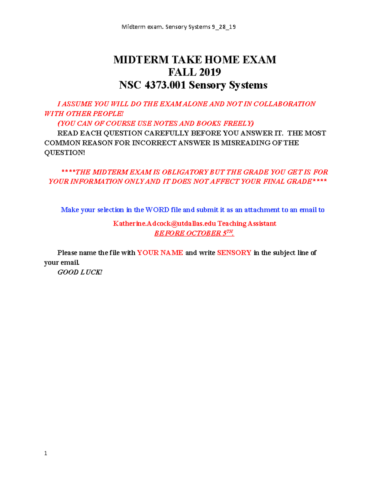 4372 midterm - Dr. Sven Kroener - MIDTERM TAKE HOME EXAM FALL 2019 NSC ...