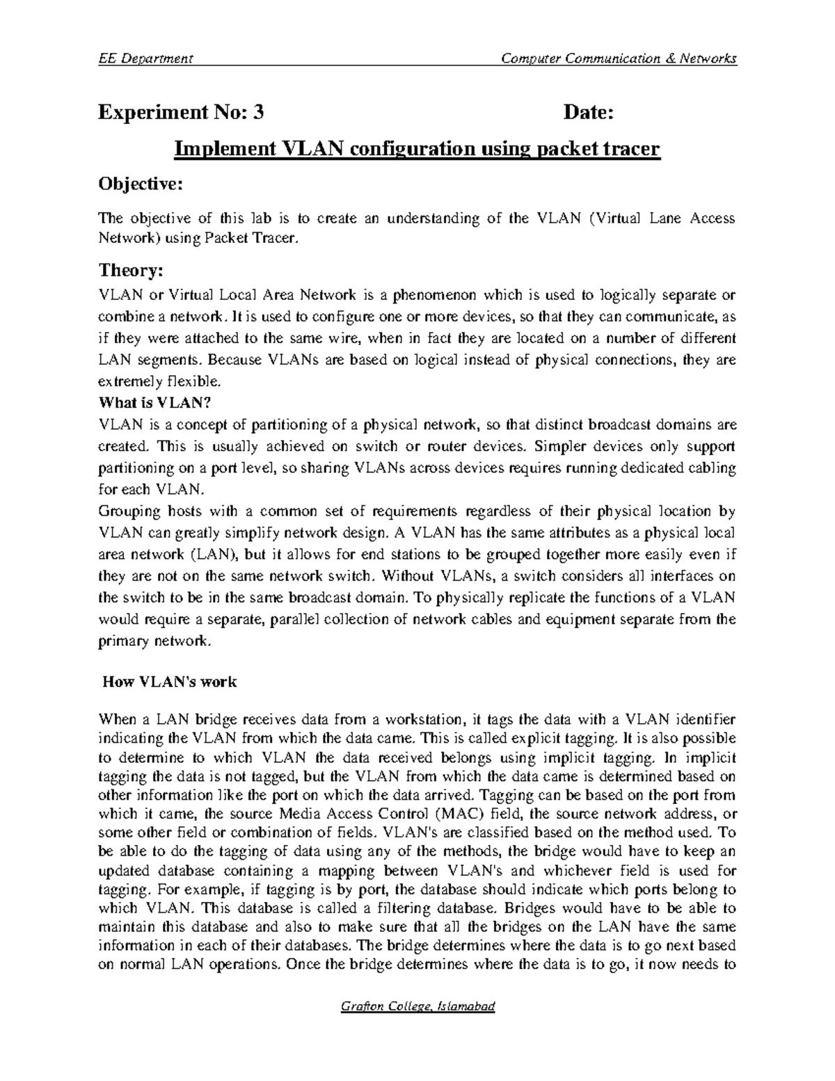 Experiment 3 - EE Department Computer Communication & Networks Grafton College, Islamabad - Studocu