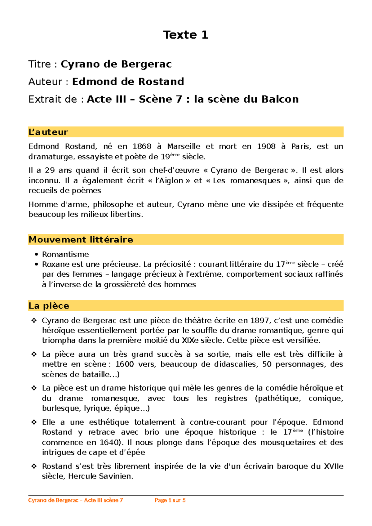 Analyse Linéaire LL 1 - Cyrano Acte 3 scène 7 - Texte 1 Titre : Cyrano de Bergerac Auteur ...