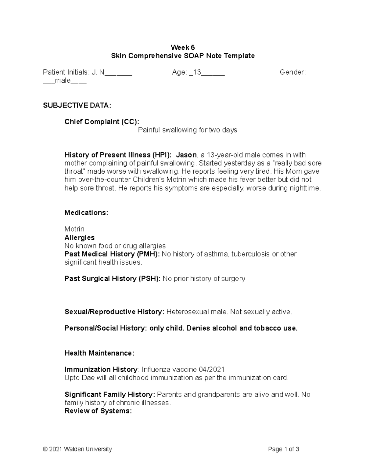 Skin evaluation template) - Week 5 Skin Comprehensive SOAP Note ...