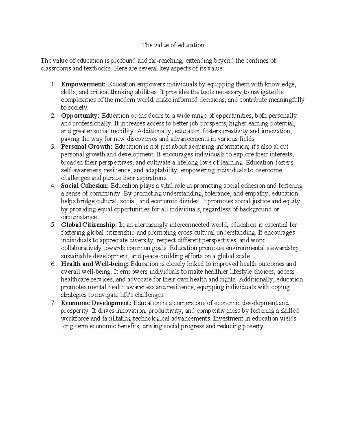 The value of education - Essay - The value of education The value of ...