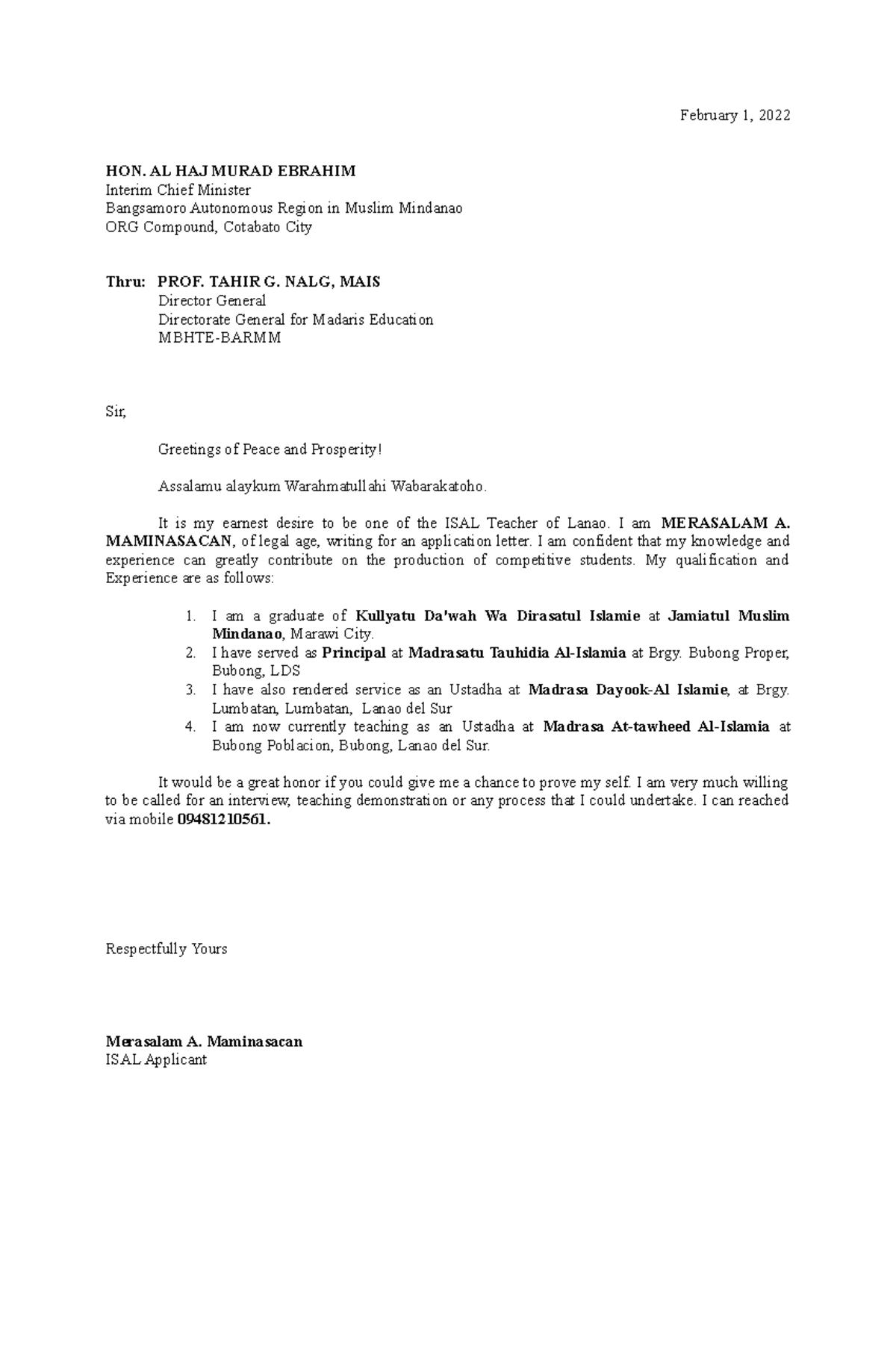 ISAL APP Letter - February 1, 2022 HON. AL HAJ MURAD EBRAHIM Interim ...