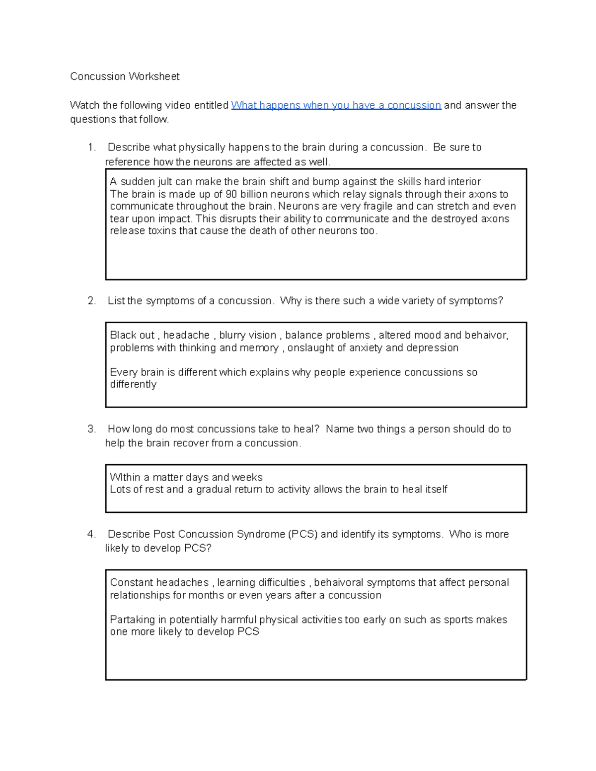 Concussion Worksheet - Concussion Worksheet Watch the following video ...