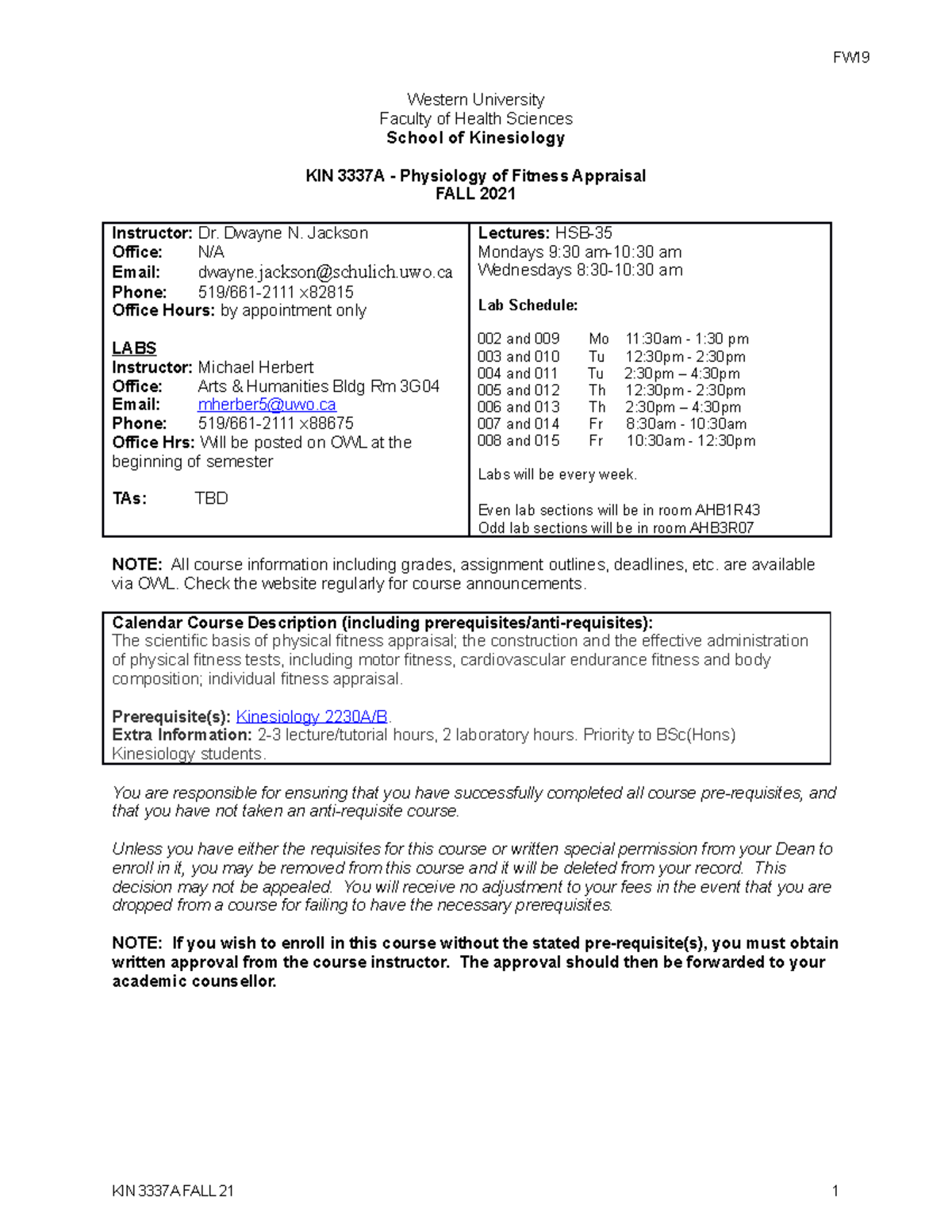 KIN3337A FALL 2021 Course Outline ..................... - Kinesiology ...