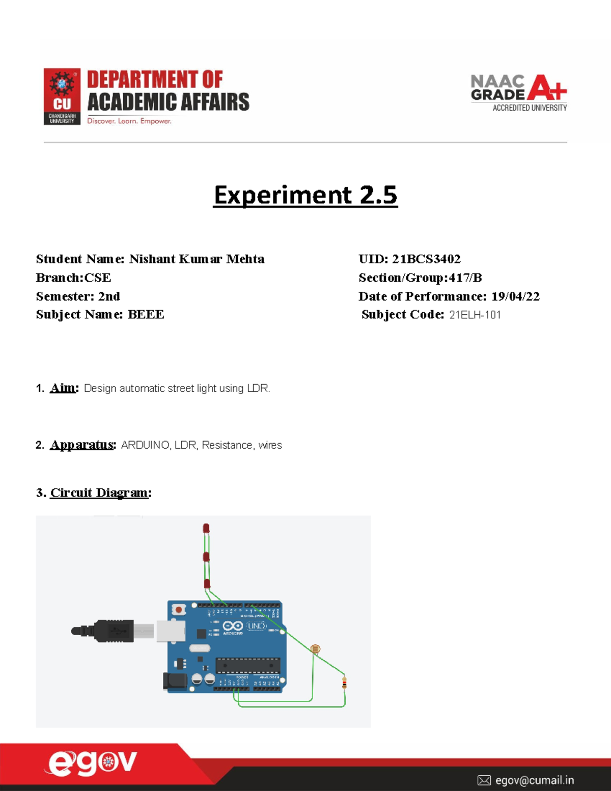 BEEE 2 - Practical - Experiment 2. Student Name: Nishant Kumar Mehta ...
